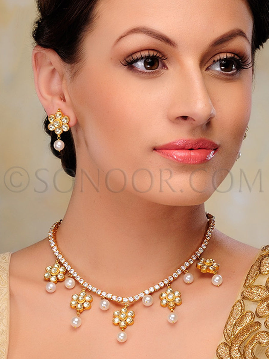 Charul Gold Finish CZ Pearl Necklace – Sonoor