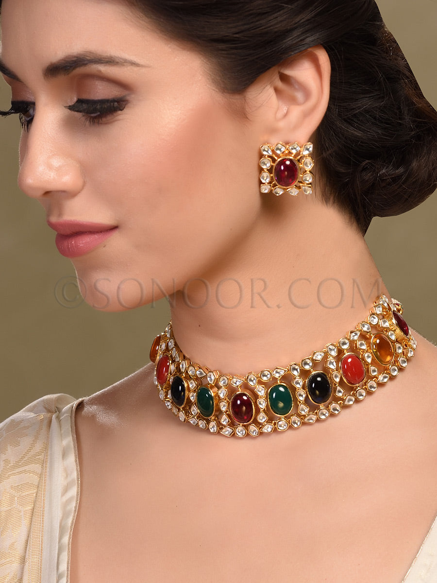Evani Navratna Choker Set With Earrings For Women Online – Sonoor